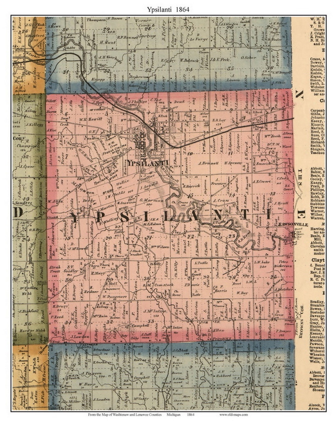 Ypsilanti 1864 Old Town Map With Homeowner Names - Michigan - Reprint ...