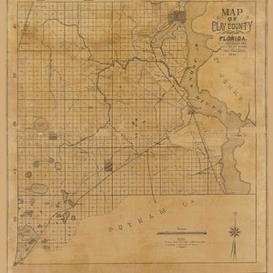 Clay County Florida 1885 Old Wall Map Reprint With Roads, Sections, and ...