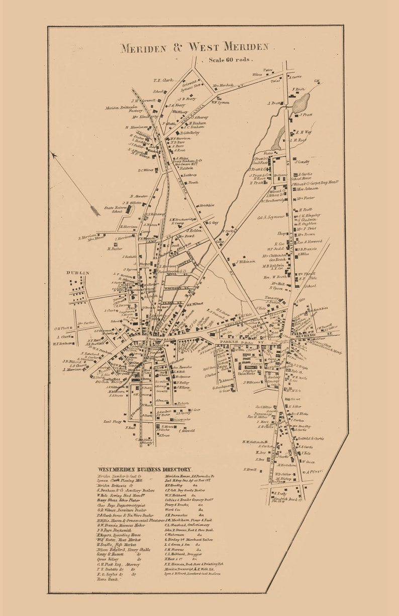 Meriden Villages 1856 Old Town Map With Homeowner Names - Etsy