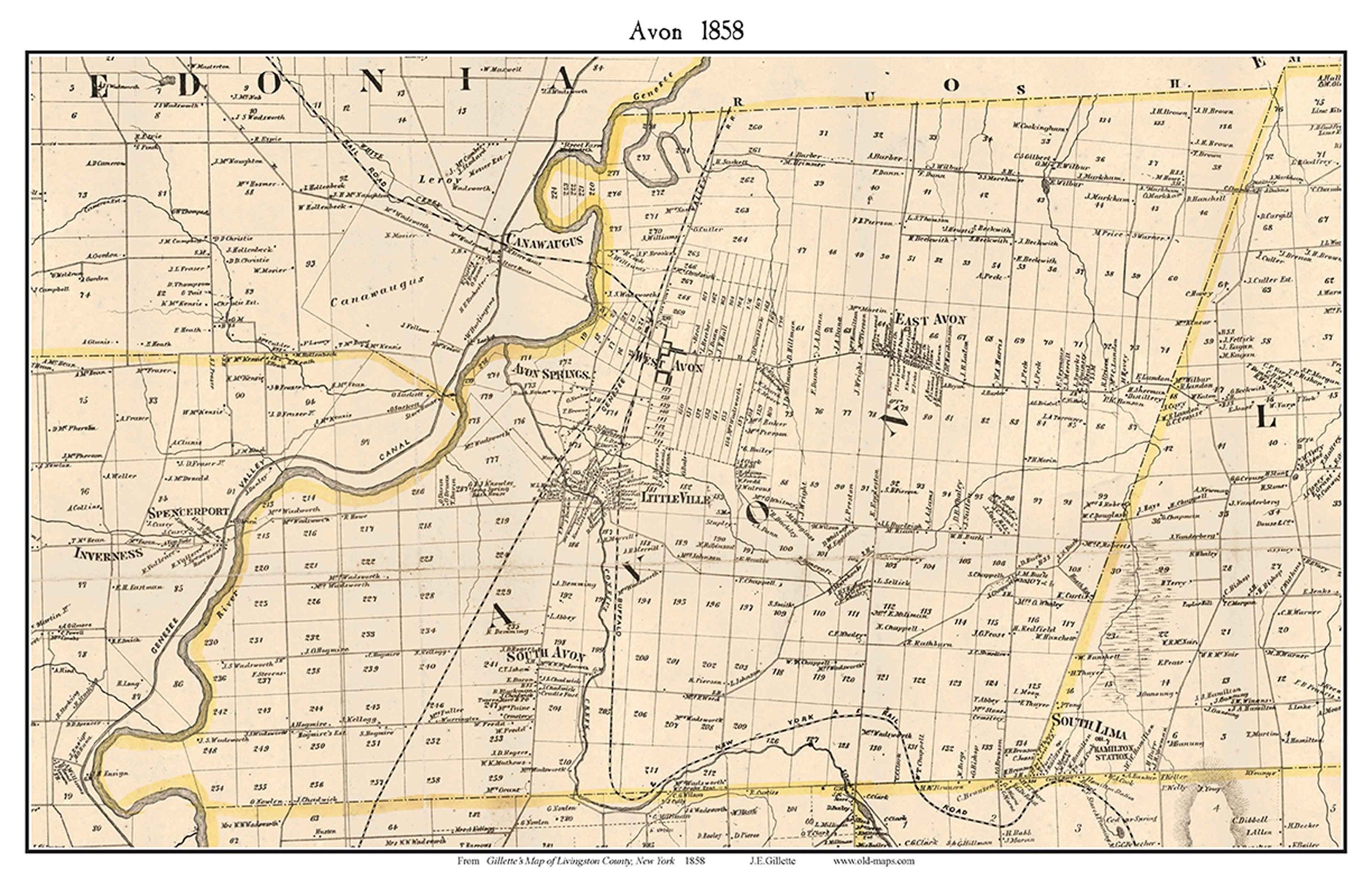 Avon 1858 Old Town Map With Homeowner Names New York - Reprint ...