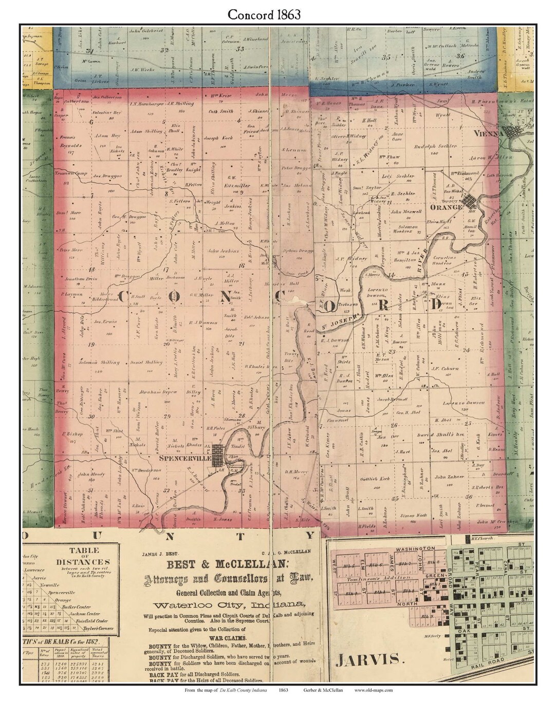 Concord 1863 Old Town Map With Homeowner Names Indiana Spencerville ...