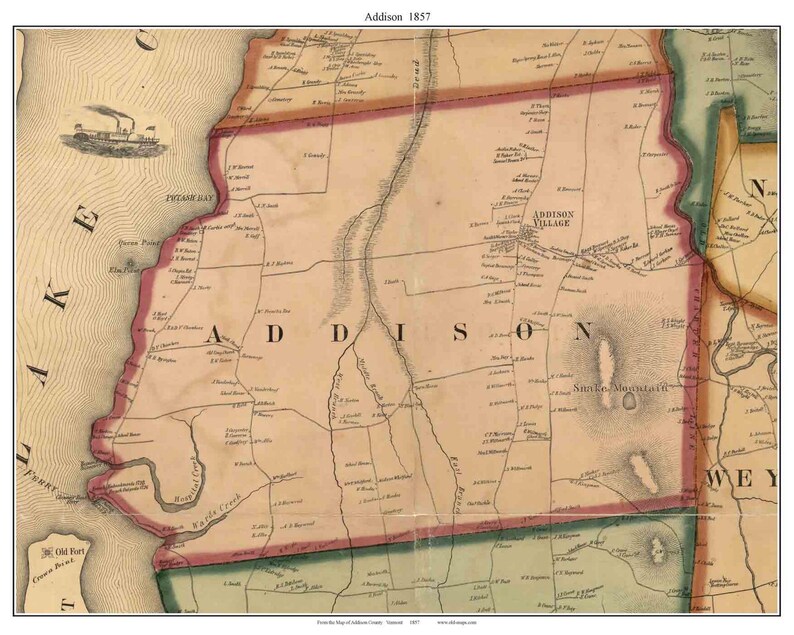 Addison 1857 Old Town Map With Homeowner Names Vermont - Reprint ...