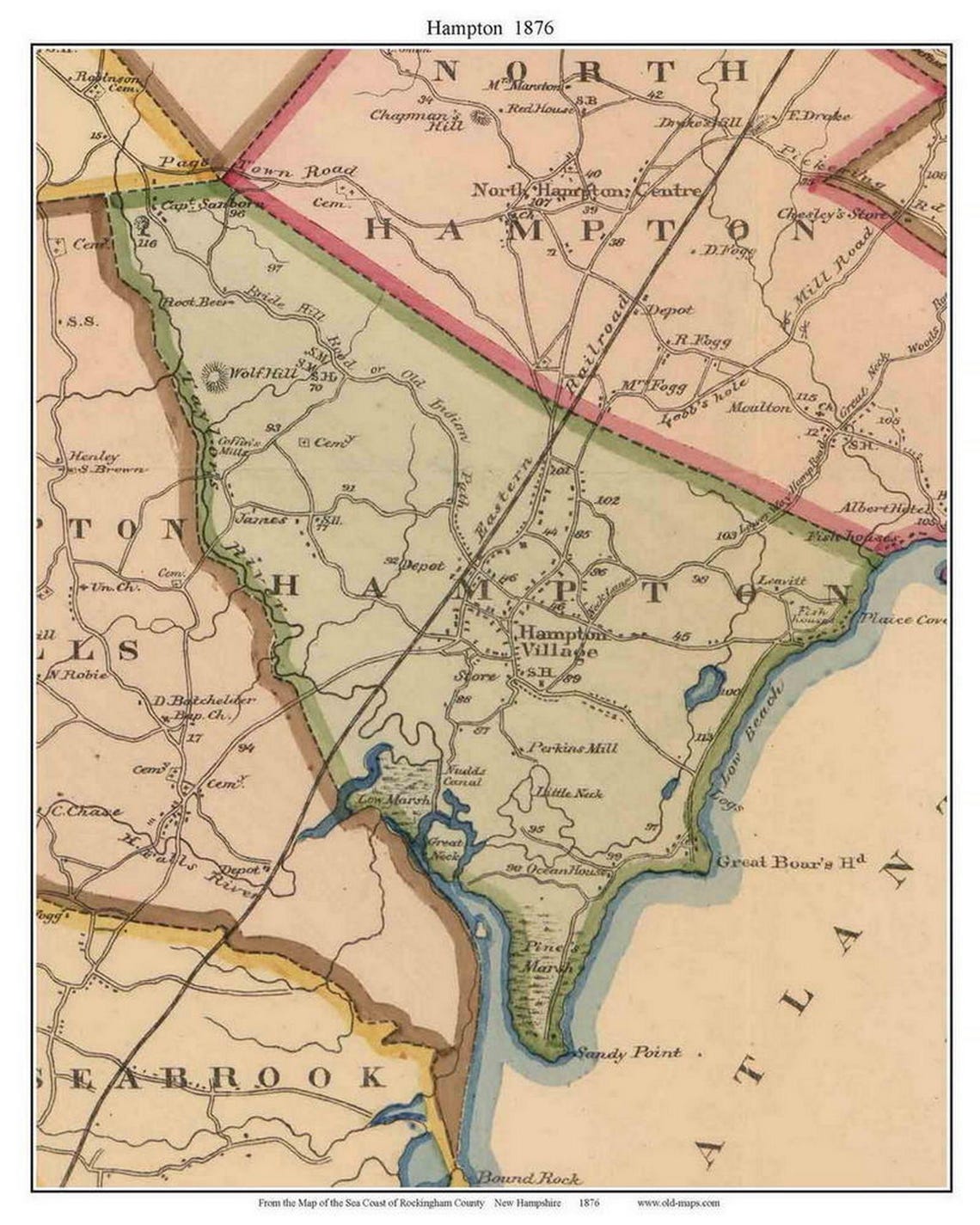 Hampton 1876 Old Town Map With Homeowner Names New Hampshire - Reprint ...