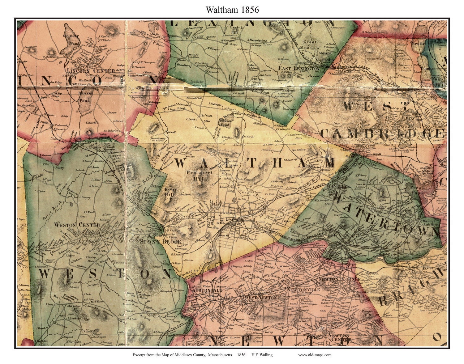 Waltham 1856 Old Town Map with Homeowner Names Massachusetts | Etsy