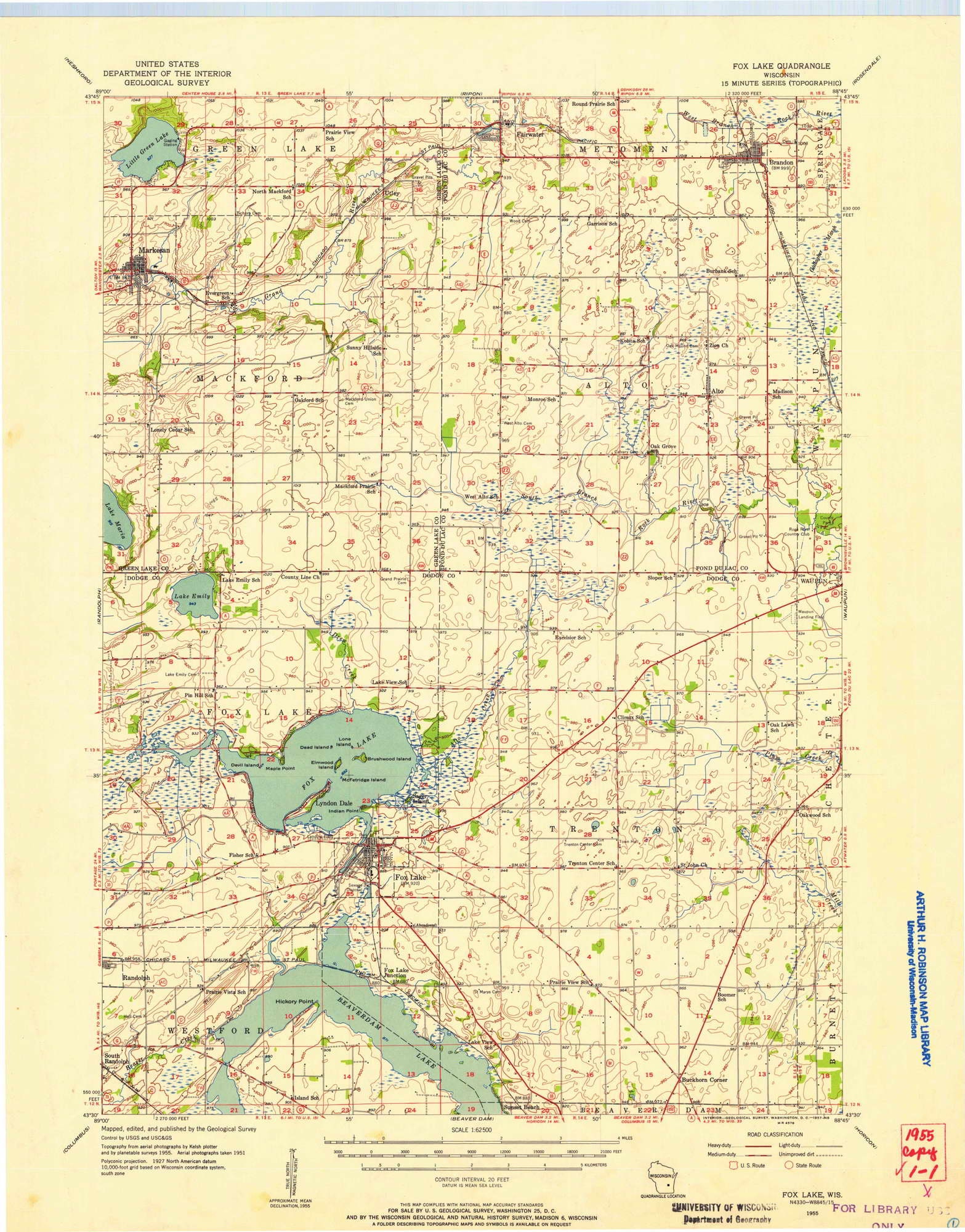 Fox Lake 1955 1957 Old Topo Map Beaverdam Lake Quad Reprint 15x15 USGS ...