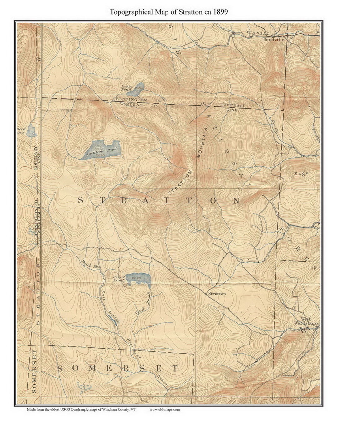Stratton 1899 - Old USGS Town Map Composite Reprint Vermont - Windham ...