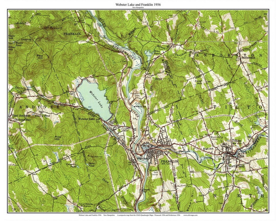 Webster Lake and Franklin - 1956 Old Topographic Map USGS 15x15 Custom ...