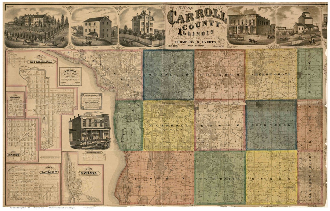 Carroll County Illinois 1869- Old Wall Map Reprint With Homeowner Names ...