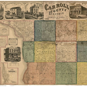 Carroll County Illinois 1869- Old Wall Map Reprint With Homeowner Names ...