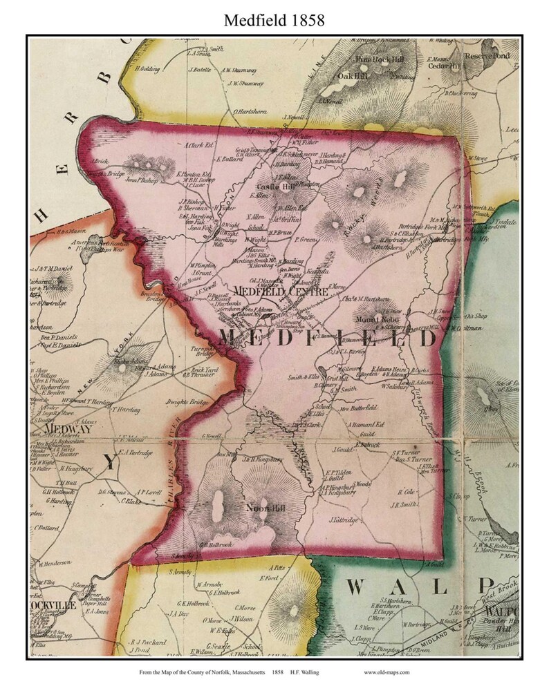 Medfield, Massachusetts 1858 Old Town Map With Homeowner Names ...