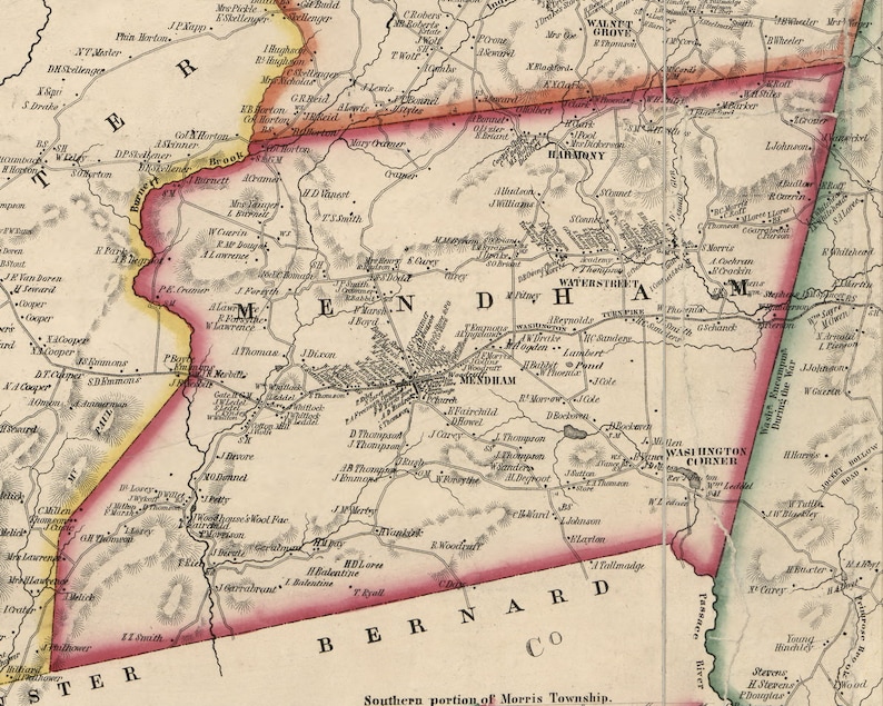 Mendham 1853 Old Town Map With Homeowner Names - New Jersey - Reprint ...