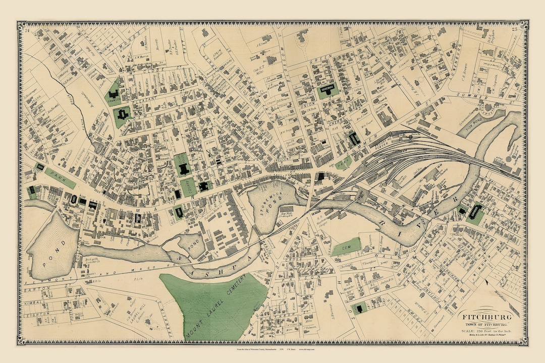 Fitchburg City 1870 Old Town Map With Homeowner Names Massachusetts ...