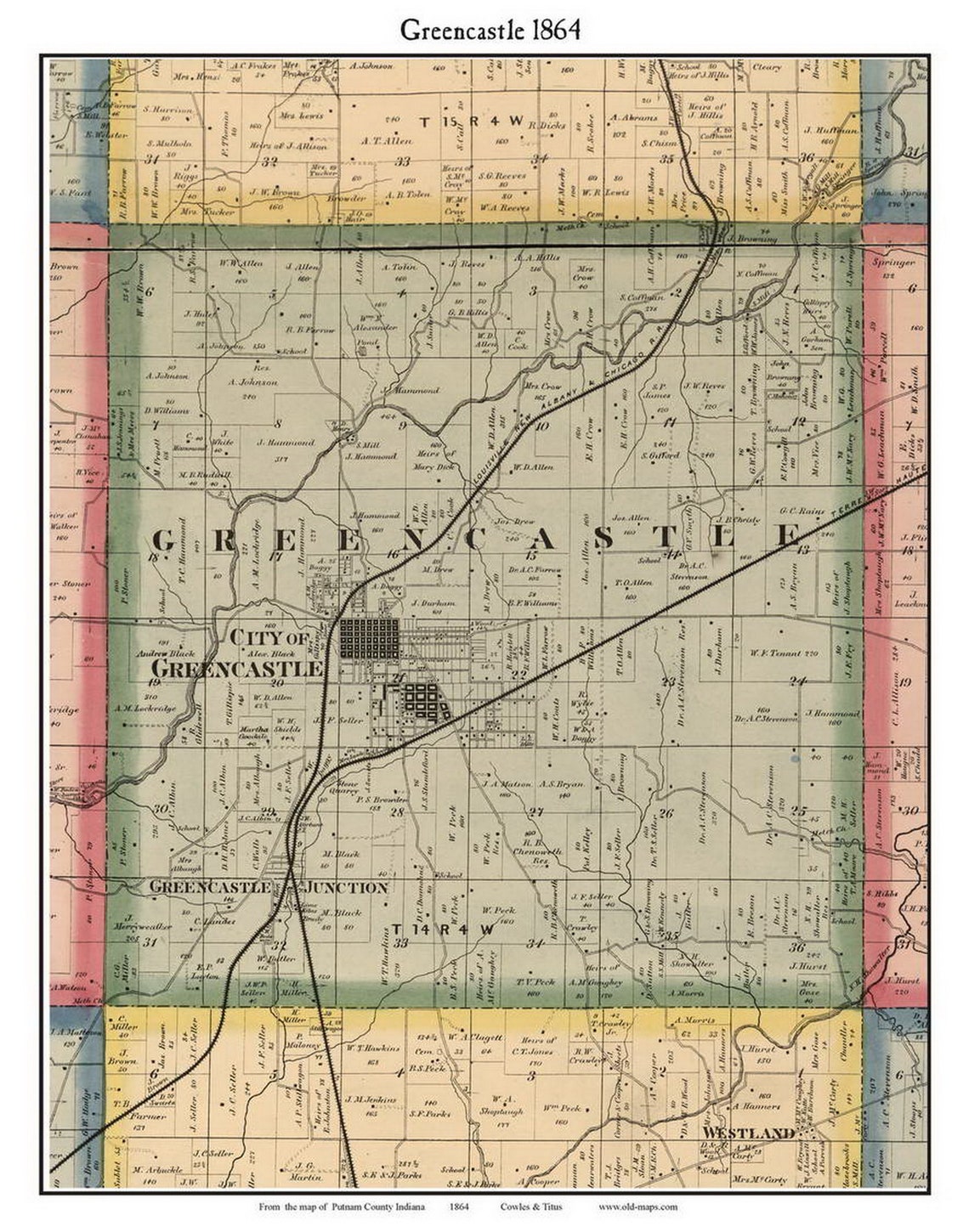 Greencastle 1864 Old Town Map With Homeowner Names Indiana Greencastle ...