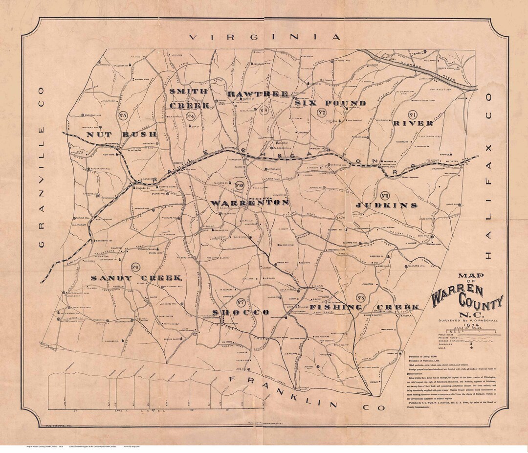 Warren County 1874 - Old Wall Map North Carolina With Homeowner Names ...