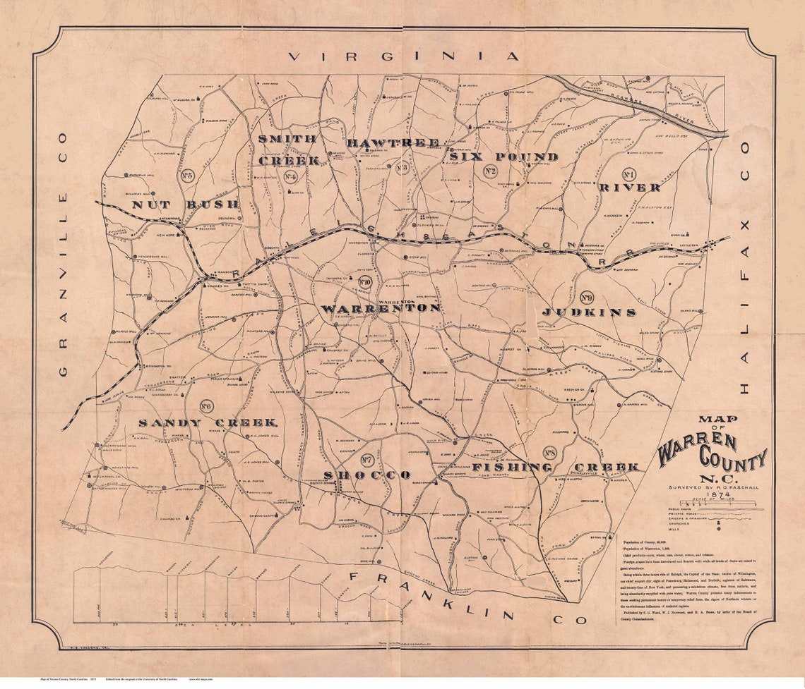 Warren County 1874 Old Wall Map North Carolina With Homeowner Names ...
