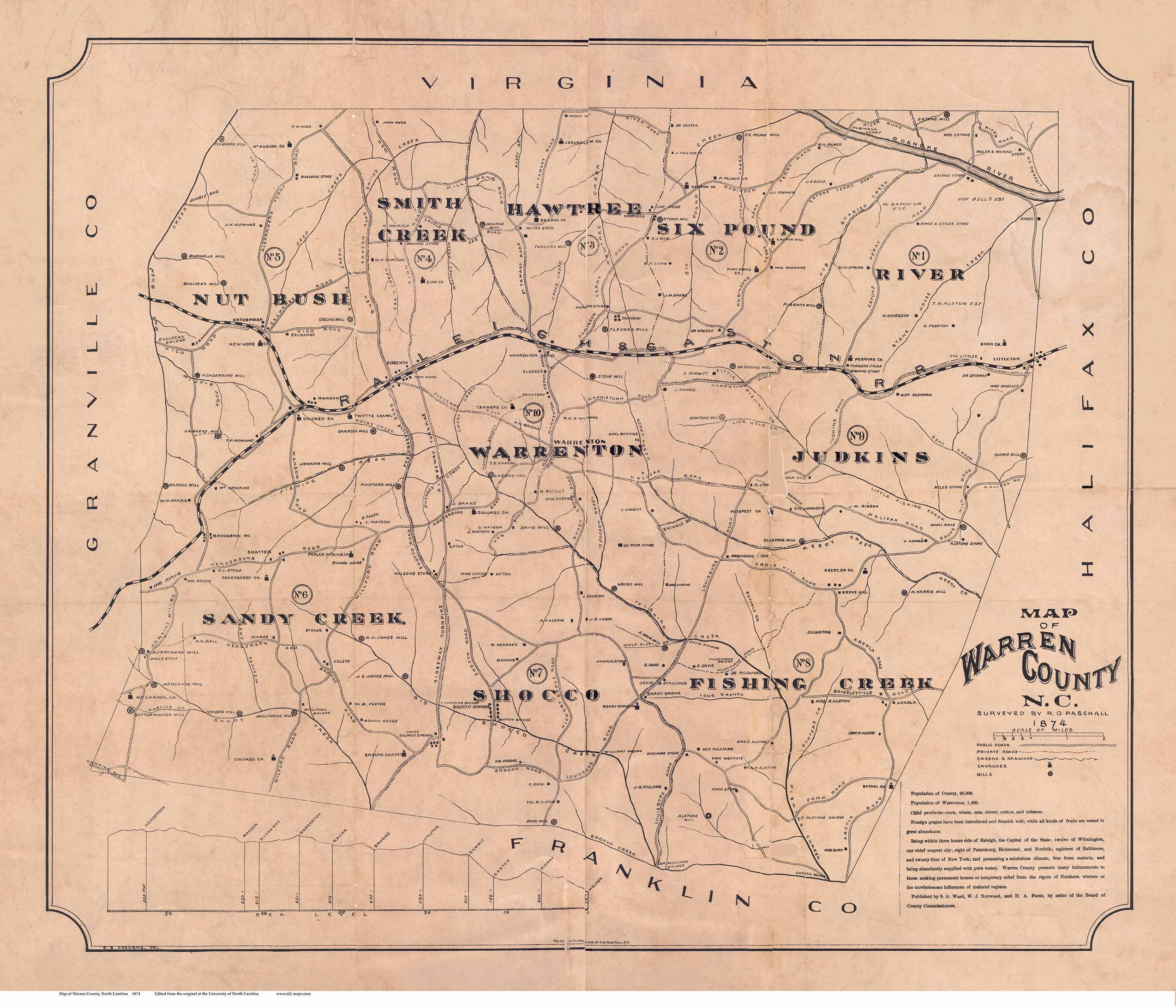 Warren County 1874 Old Wall Map North Carolina With Homeowner Names ...
