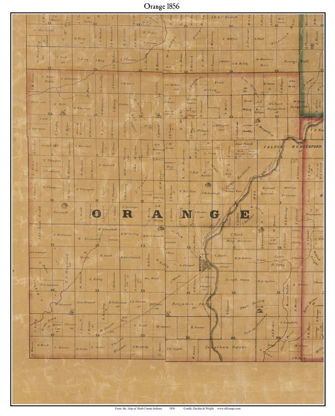 Orange 1856 Old Town Map With Homeowner Names Indiana Moscow - Reprint ...