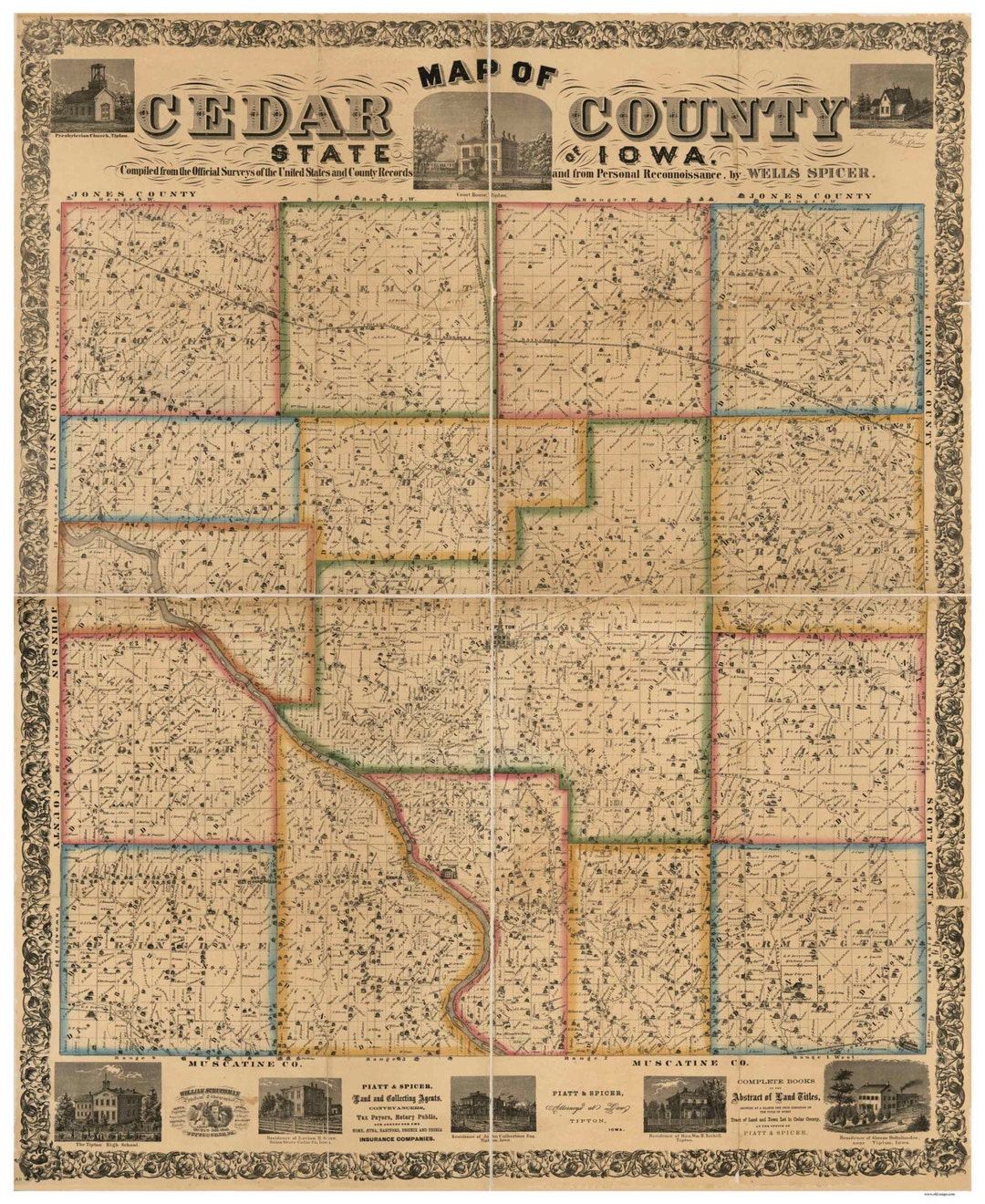 Cedar County Iowa 1863 Old Wall Map With Landowner Names Farm Lines ...