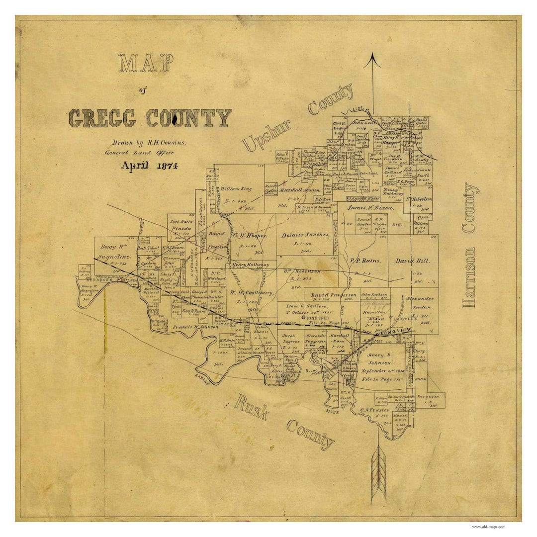 Gregg County, Texas 1876 Old Wall Map Reprint With Land Owners Names ...