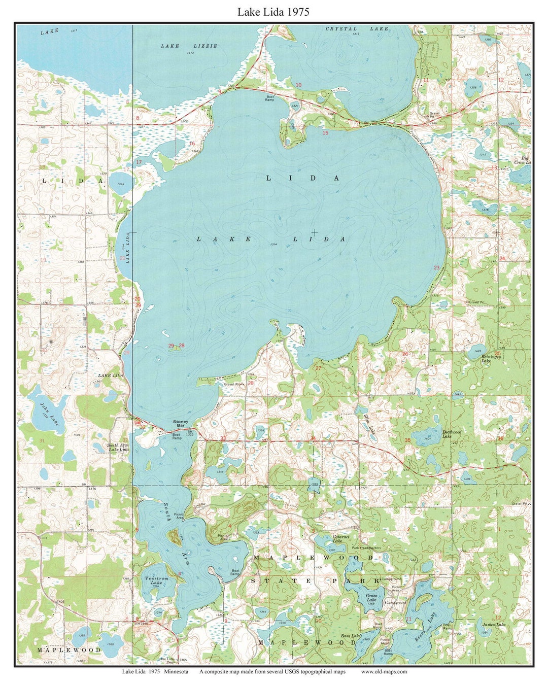 Lake Lida - 1975 Map Reprint- Lake Lizzie - Crystal Lake - Old ...