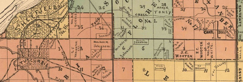 Colbert County Alabama 1896 Old Wall Map With Landowner - Etsy