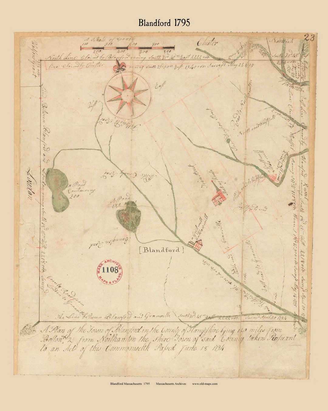 Blandford 1795 Town Plan - Old Roads Reprint Massachusetts Archives ...