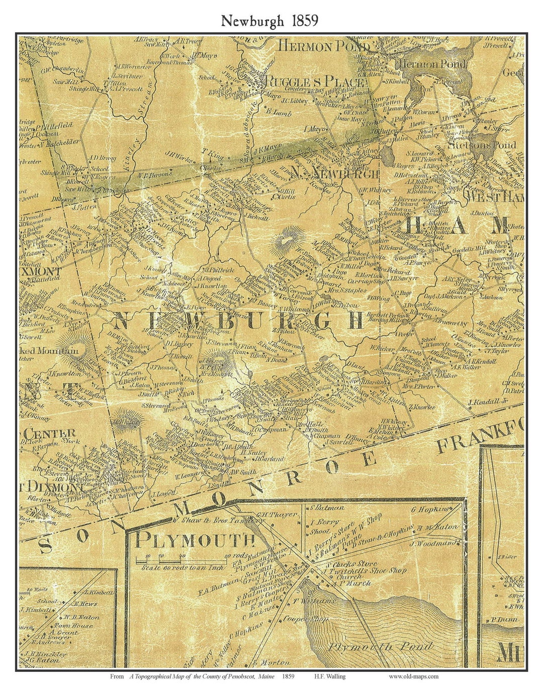 Newburgh 1859 Old Town Map With Homeowner Names Maine - Reprint ...