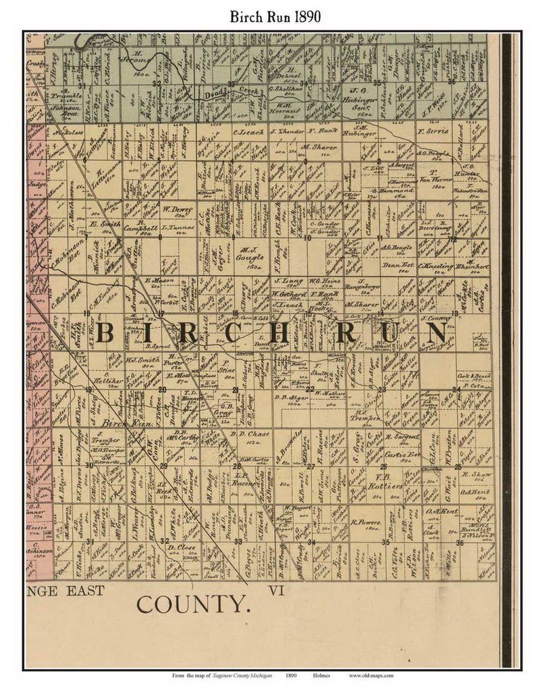 Birch Run 1890 Old Town Map With Homeowner Names - Michigan - Reprint ...