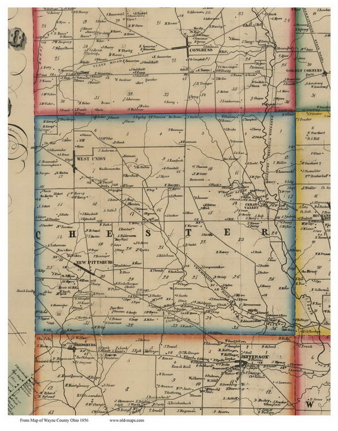 Chester 1856 Old Town Map With Homeowner Names Ohio Reprint Genealogy ...