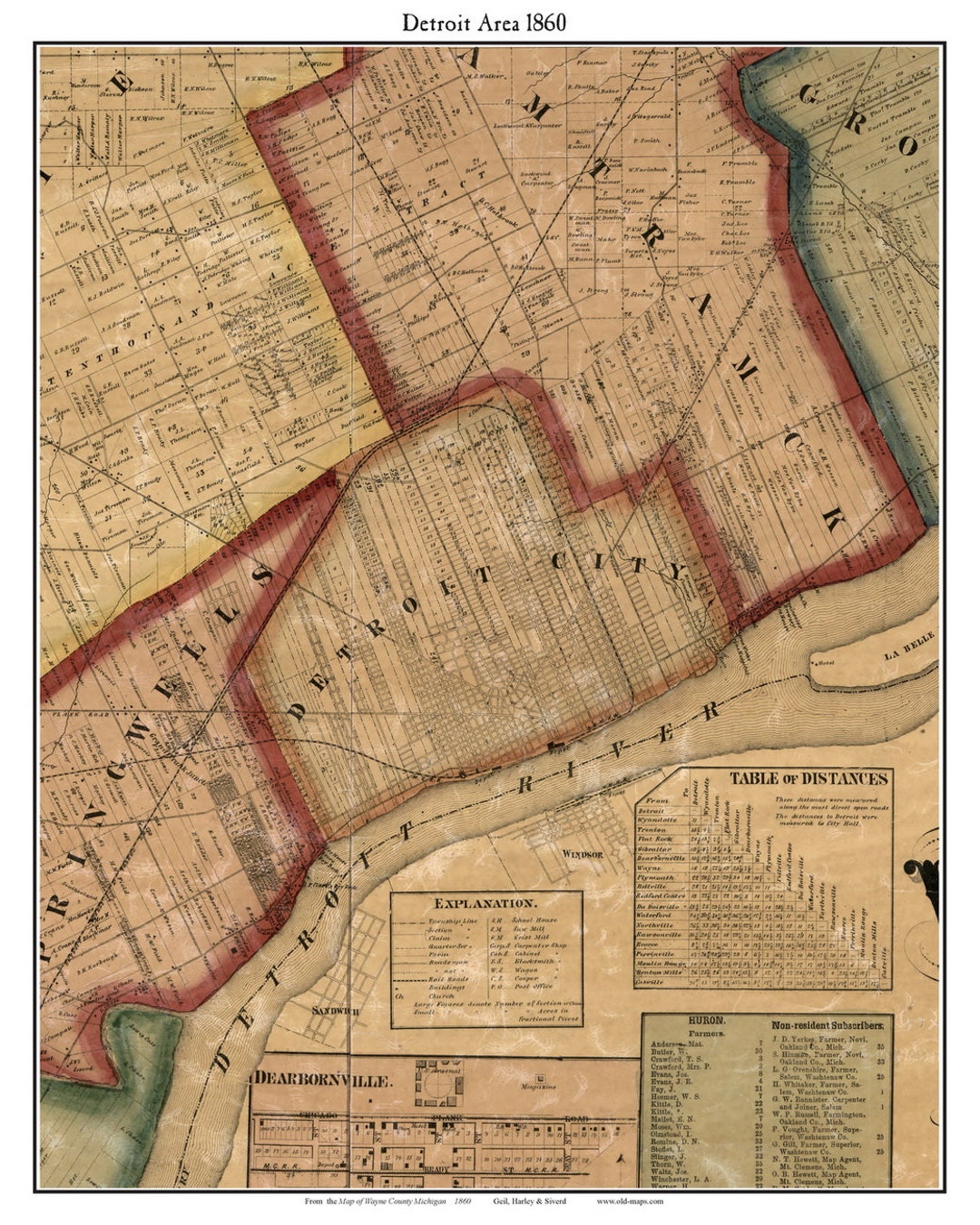 Detroit Area 1860 Old Town Map With Homeowner Names - Michigan ...