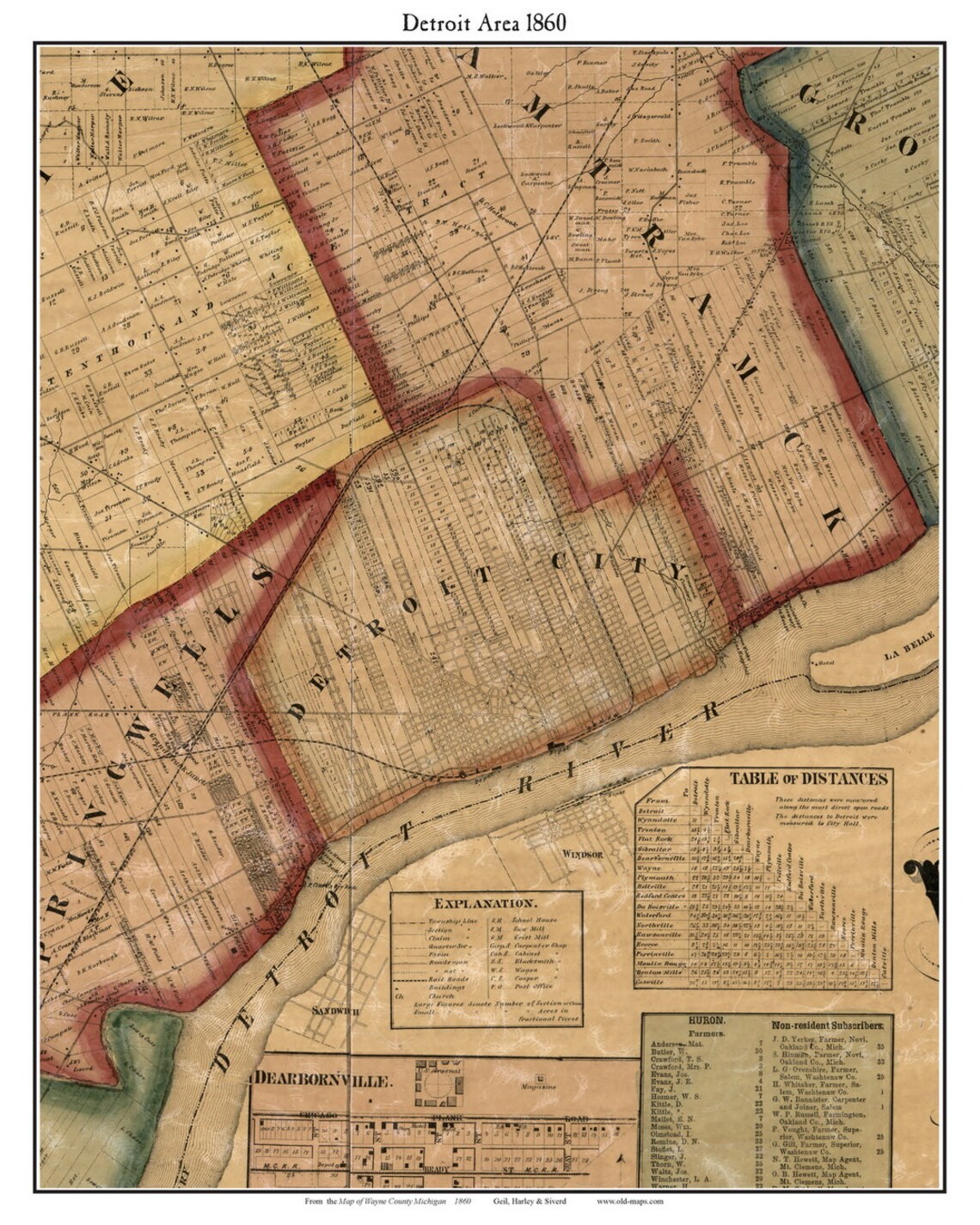 Detroit Area 1860 Old Town Map With Homeowner Names Michigan | Etsy