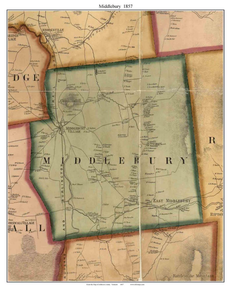 Middlebury 1857 Old Town Map With Homeowner Names Vermont - Reprint ...
