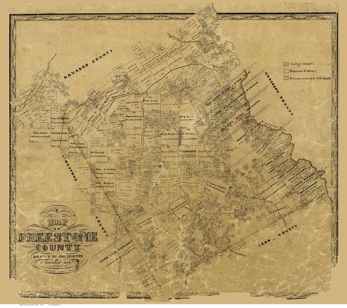 Freestone County, Texas - 1858 - Old Wall Map Reprint With Land Owners ...