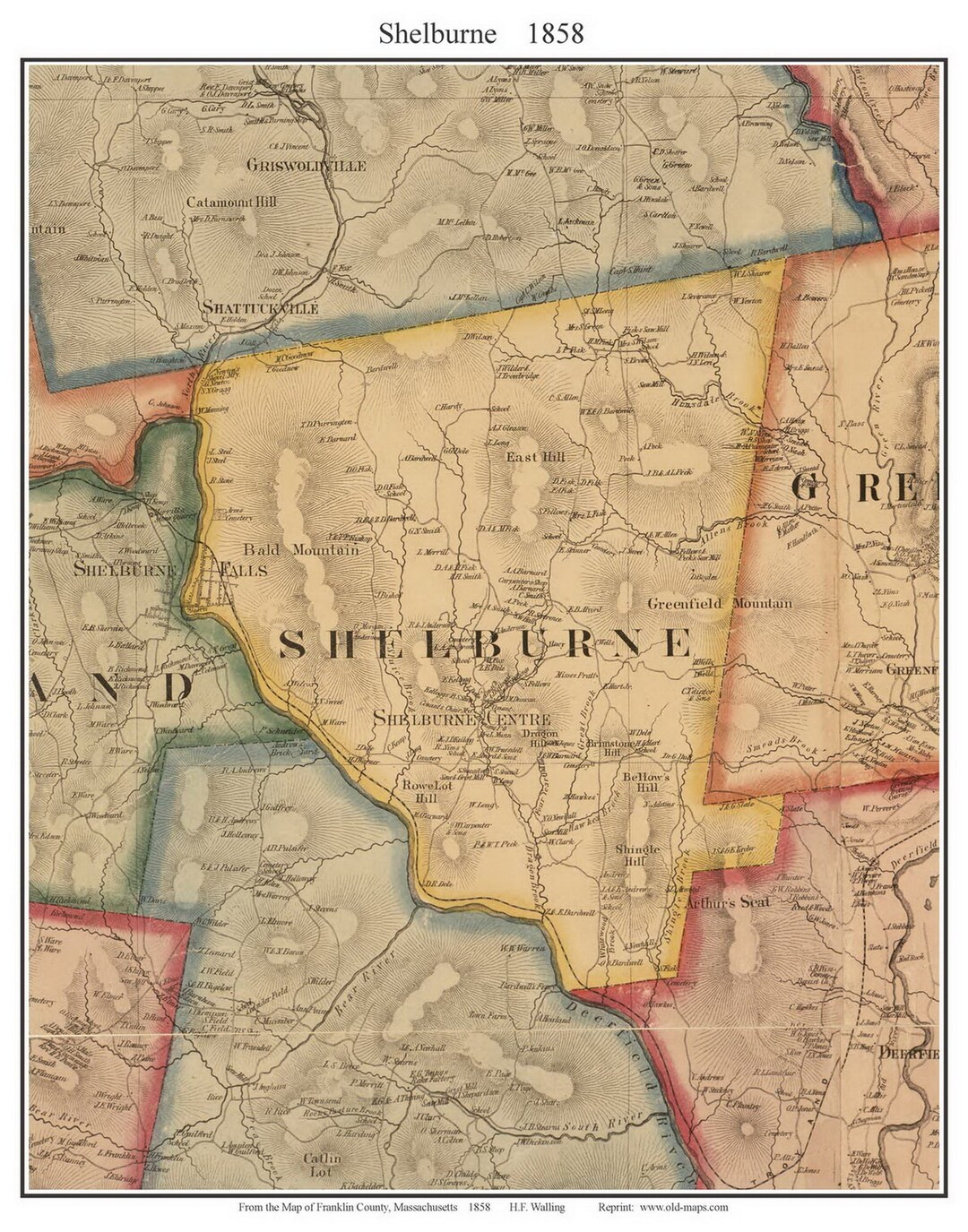 Shelburne 1858 Old Town Map With Homeowner Names -massachusetts Reprint ...