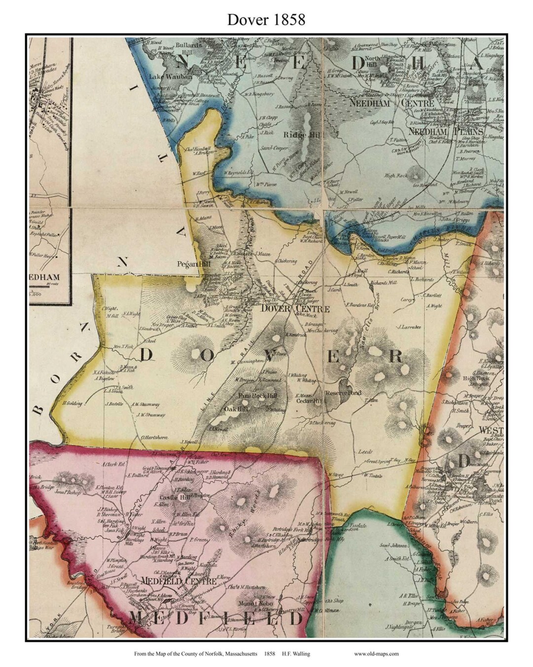 Dover, Massachusetts 1858 Old Town Map With Homeowner Names - Reprint ...