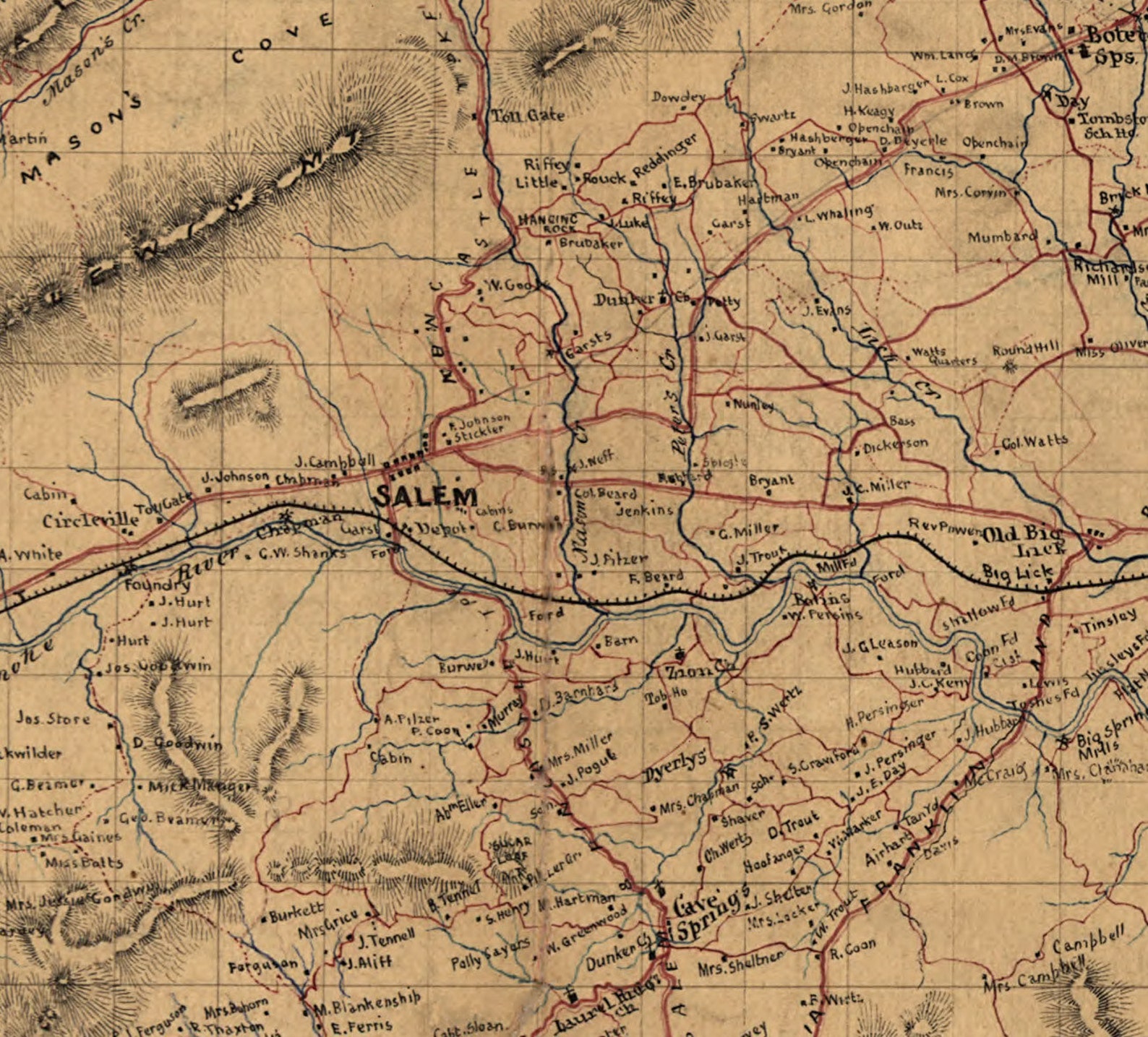 Roanoke County Virginia 1865 Old Wall Map With Homeowner Names Reprint ...