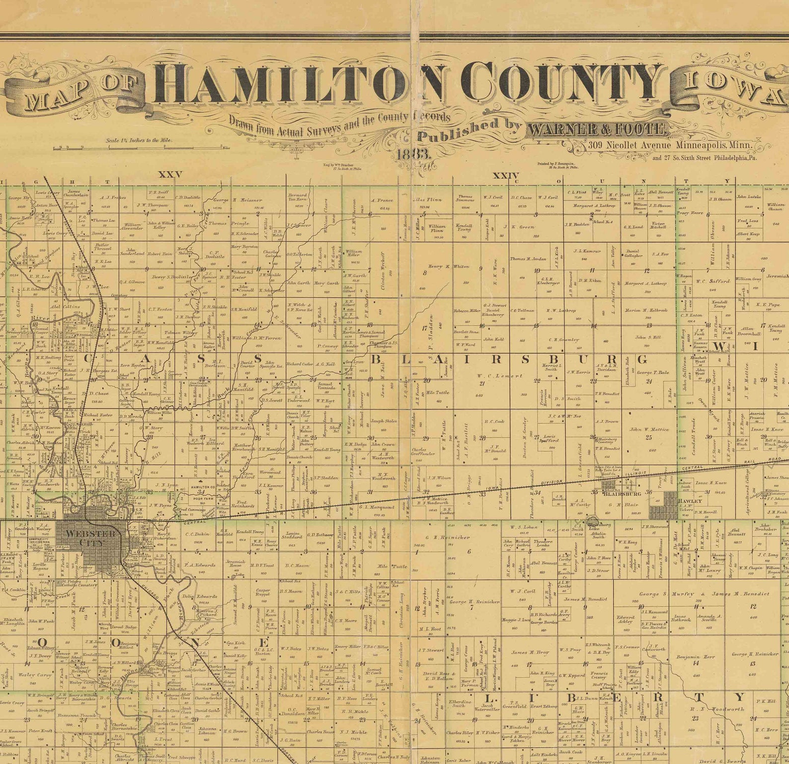 Hamilton County Iowa 1883 Old Wall Map With Landowner Names - Etsy
