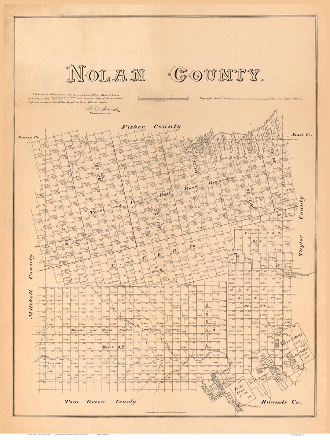 Nolan County, Texas - 1880 - Old Wall Map Reprint With Land Owners ...