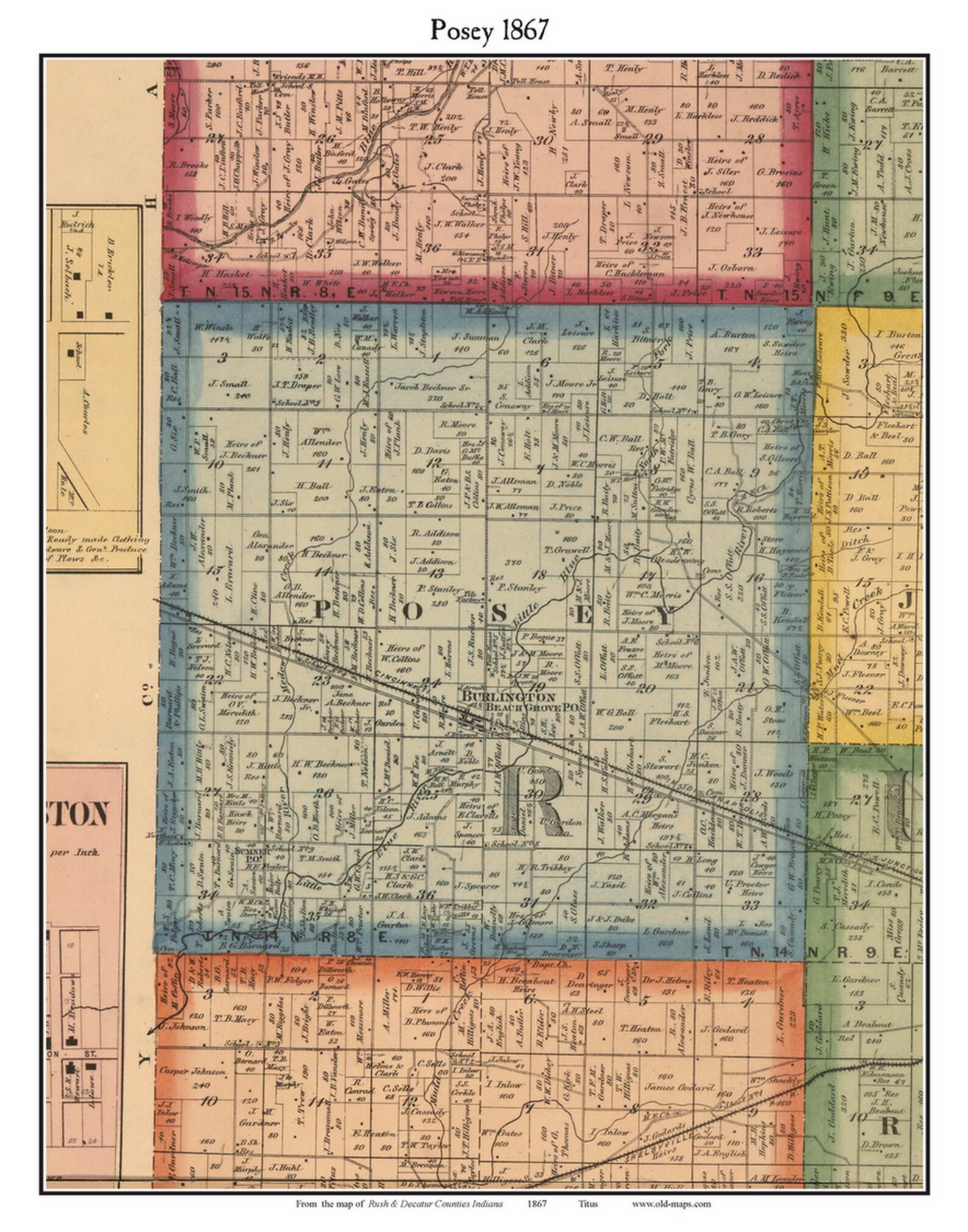 Posey 1867 Old Town Map With Homeowner Names Indiana Burlington Beach ...