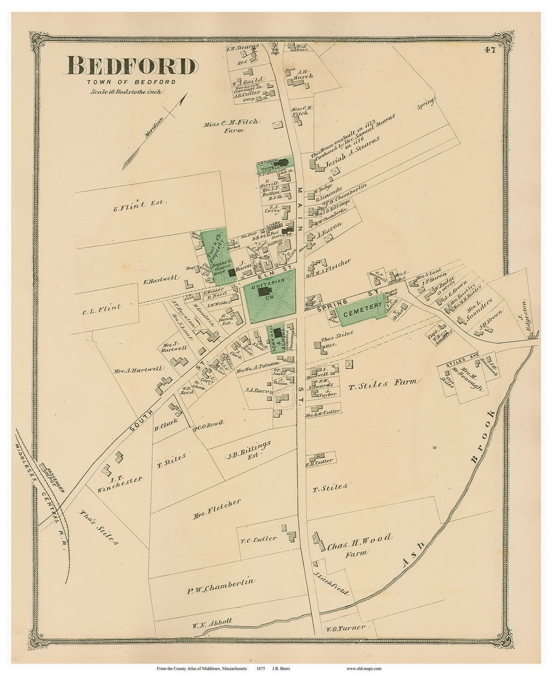 Bedford Village - 1875 - Old Town Map Reprint - Middlesex County ...