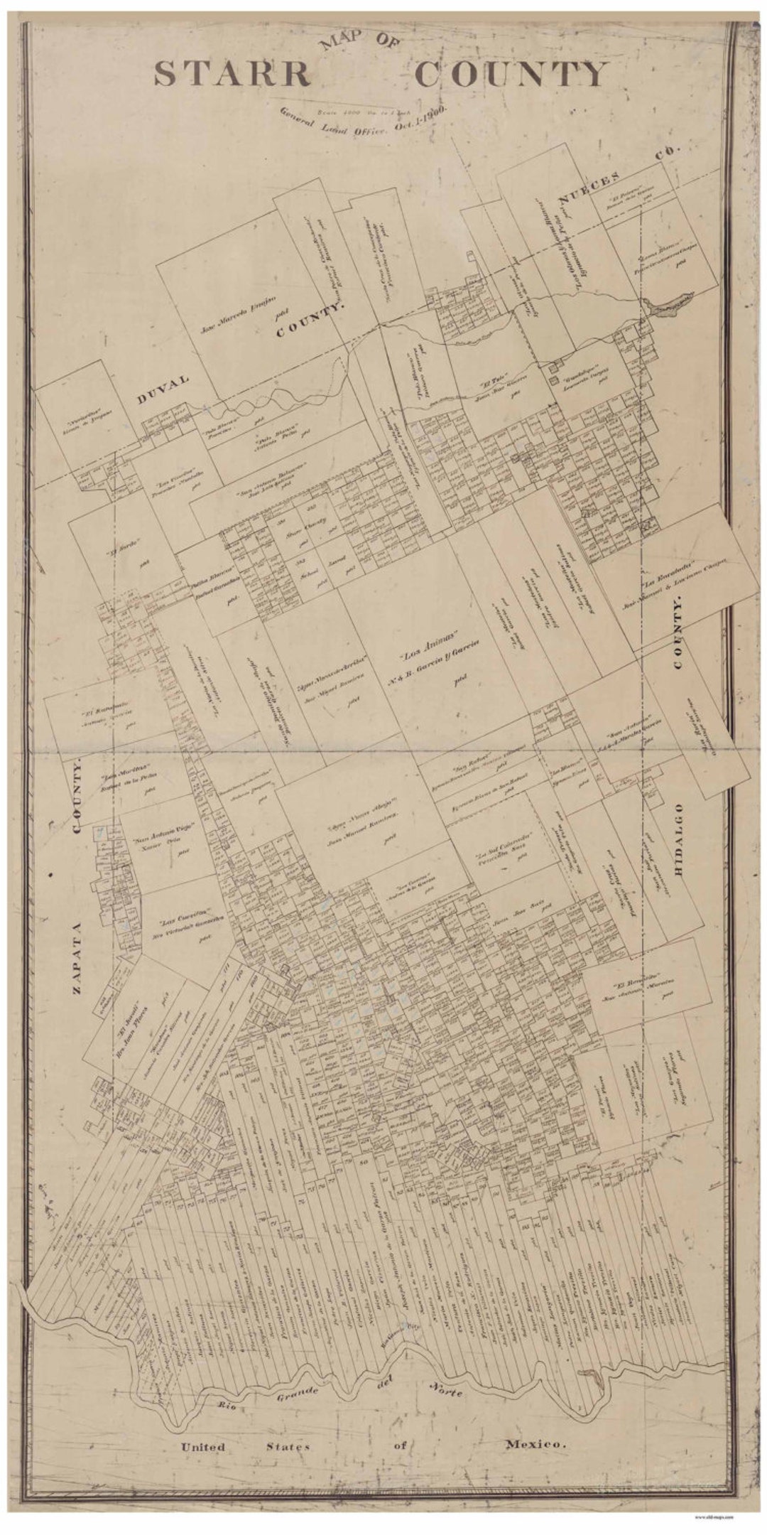 Starr County, Texas 1900 Old Wall Map Reprint With Land Owners Names ...