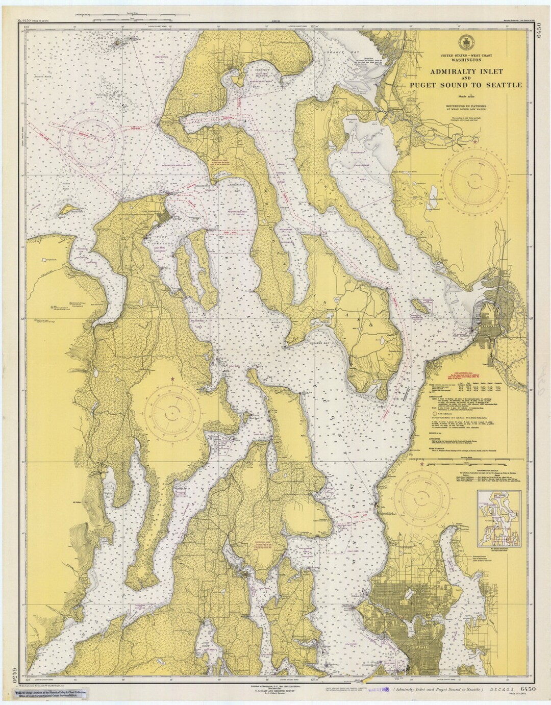Admiralty Inlet & Puget Sound to Seattle 1948 Nautical Map, Washington ...