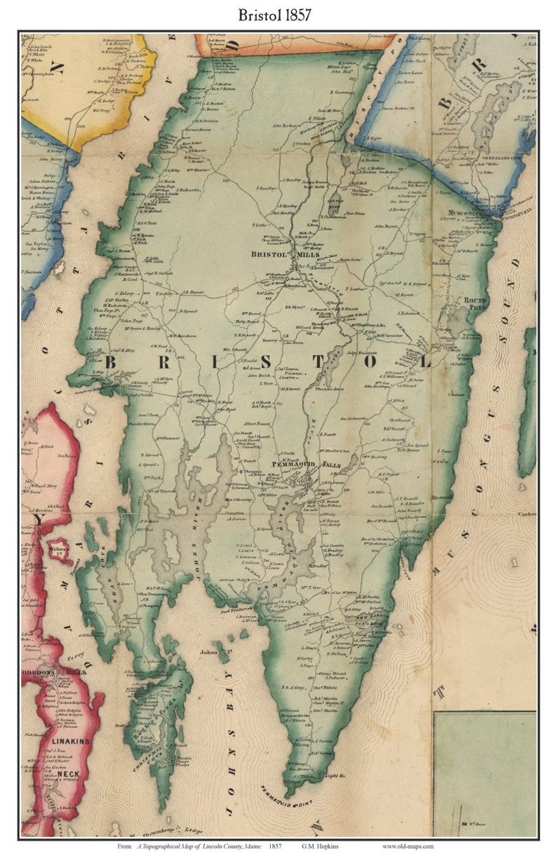 Bristol 1857 Old Town Map With Homeowner Names Maine Pemaquid Point ...