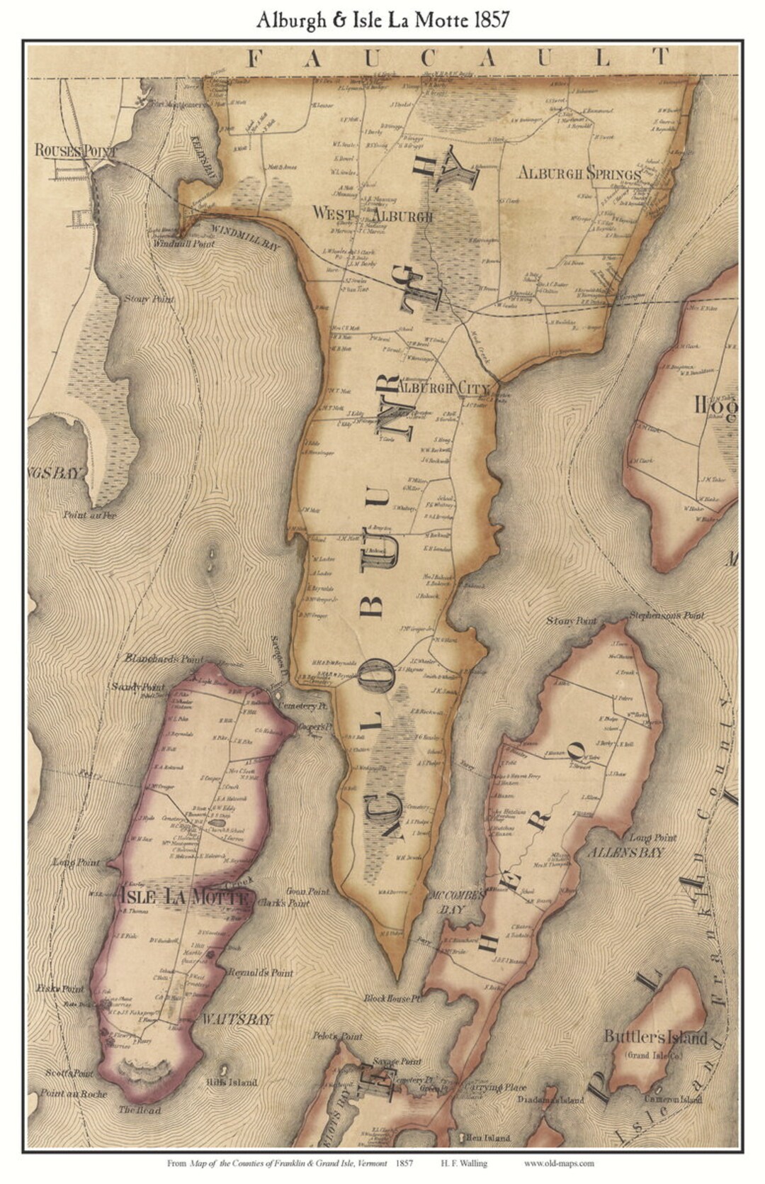 Alburgh & Isla Lamotte 1857 Old Town Map With Homeowner Names Vermont ...