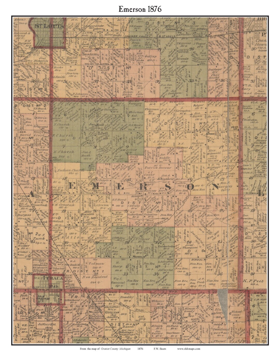 Emerson 1876 Old Town Map With Homeowner Names - Ithaca Michigan ...
