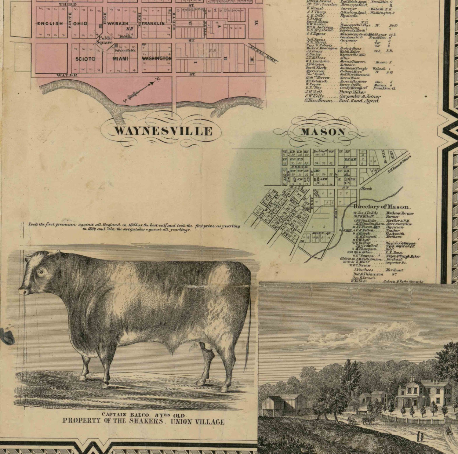 Warren County Ohio 1856 - Old Wall Map Reprint With Homeowner Names ...