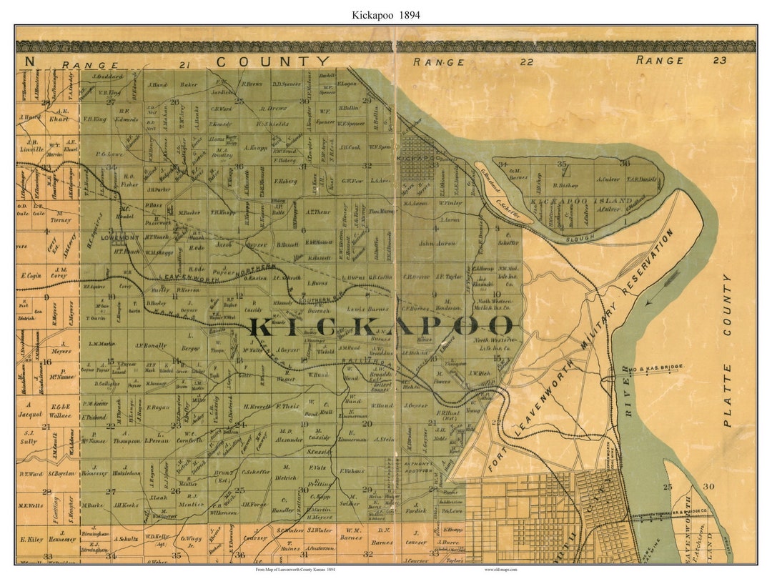 Kickapoo 1894 Old Town Map With Homeowner Names Fort Leavenworth ...