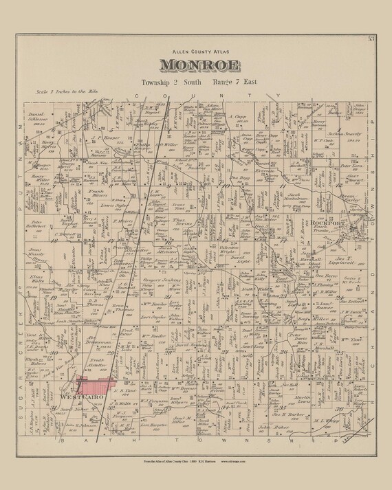 Monroe 1880 Old Town Map Reprint Allen County Ohio | Etsy