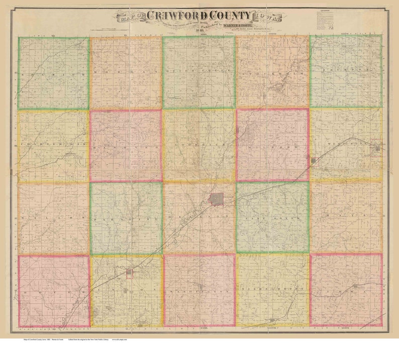 Crawford County Iowa 1883 Old Wall Map With Landowner Names Farm Lines ...