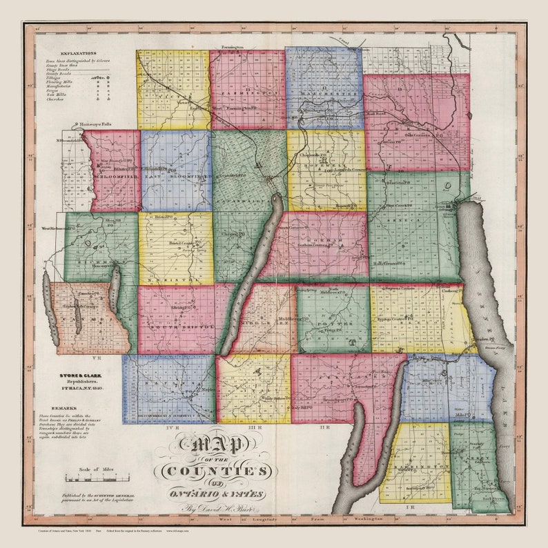 Ontario & Yates Counties 1840 Lot Lines Railroad Canal Finger Lakes Old ...